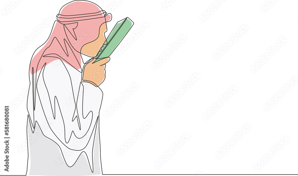 One single line drawing of young muslim person kissing Quran in shmag ...