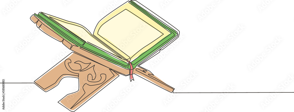 Single continuous line drawing of open Quran, holy book muslim, on ...