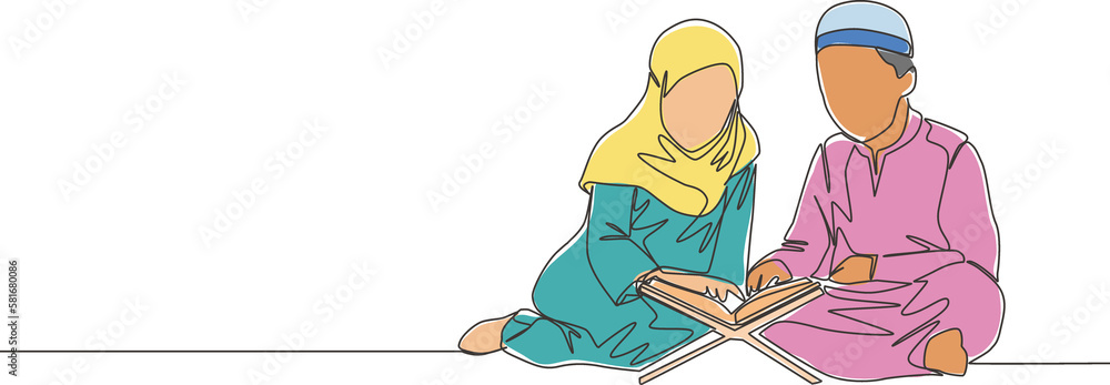 One continuous line drawing of muslim and muslimah kids reading and ...