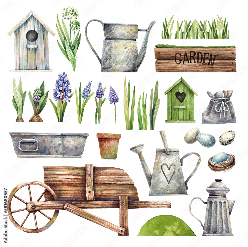 Collection of isolated watercolor elements on a spring garden theme ...
