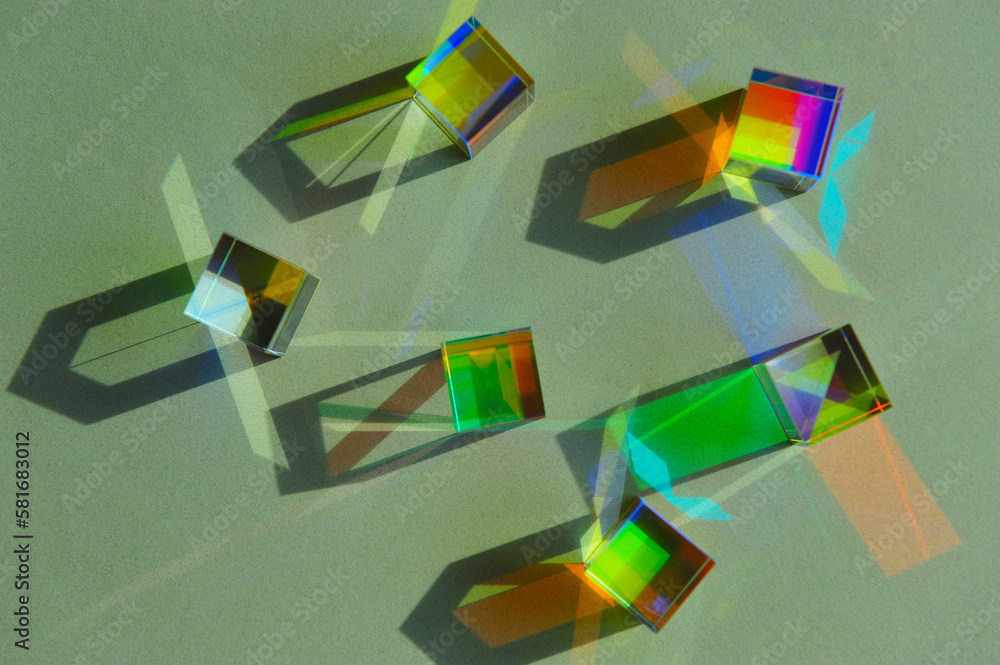 Top view of dispersion of artificial light, dichroic square glass cube ...