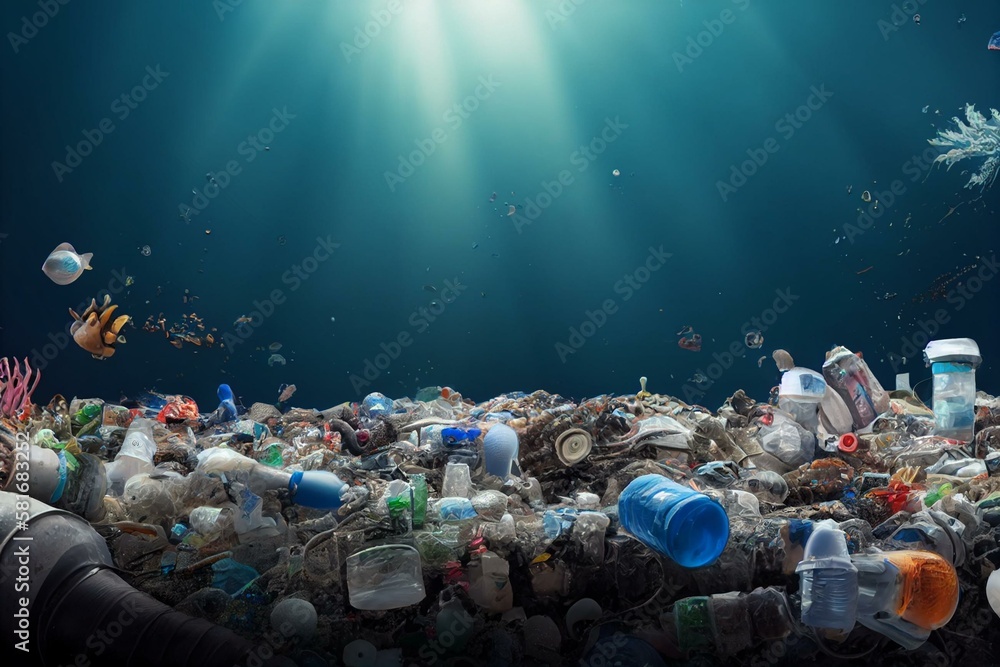 undersea or ocean bottom full of garbage and plastic waste as wide ...