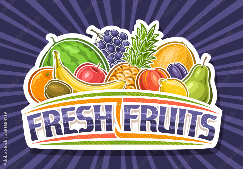 Vector logo for Fresh Fruits, decorative cut paper sign board with ...