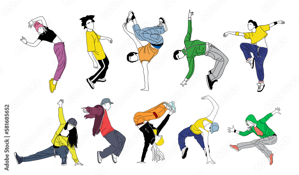 Set of teenager dancers hip hop, breakdance outline drawing on ...