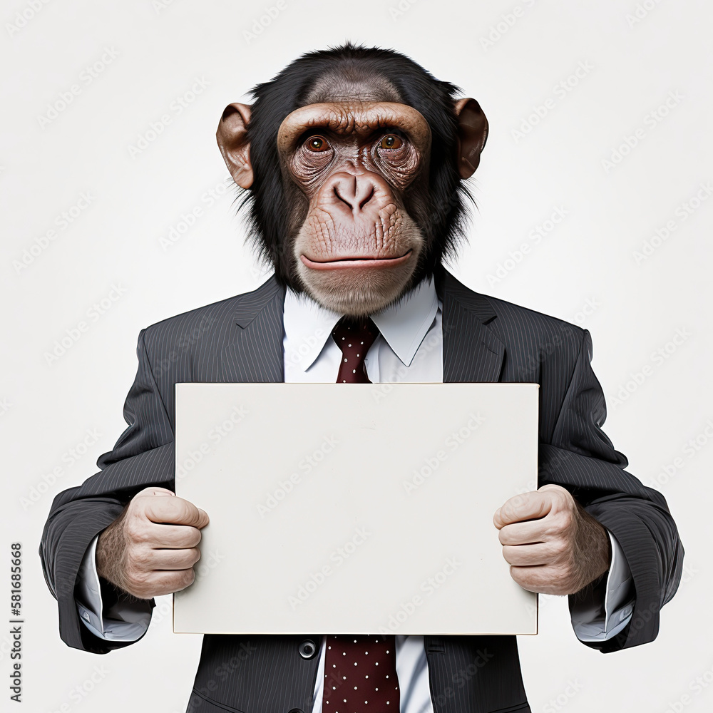 Funny anthropomorphic chimpanzee monkey businessman in suit holding ...