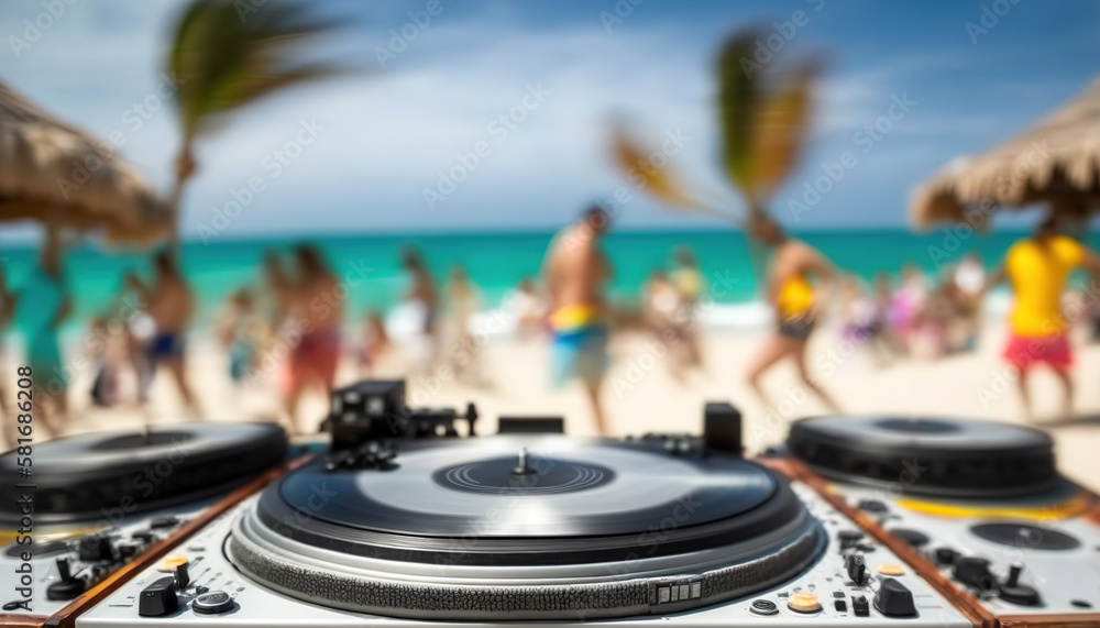 Dj turn table console on the foreground and blurred people crowd on the ...