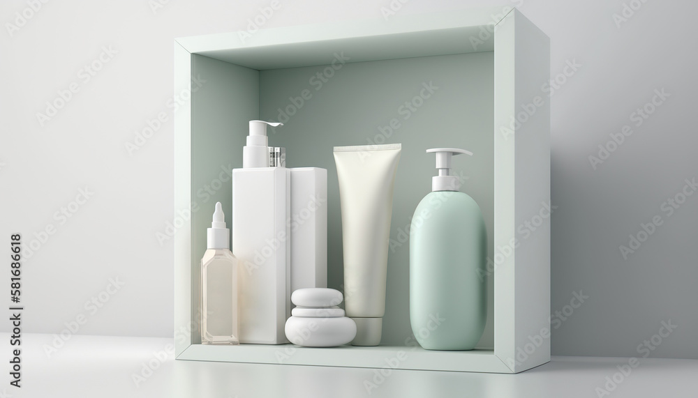 Bathroom shelf with different beauty cosmetic body care products ...