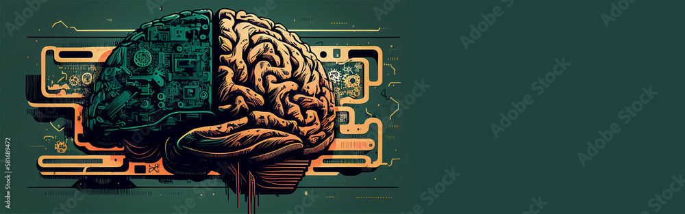 Artificial intelligence banner illustration, drawing of human brain ...