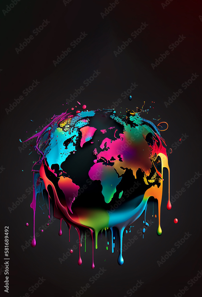 Earth day world globe map paper, splash colors, vertical poster with ...