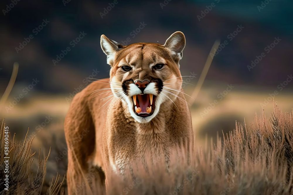 Puma cougar angry Snarling. Dangerous predator in natural habitat ...