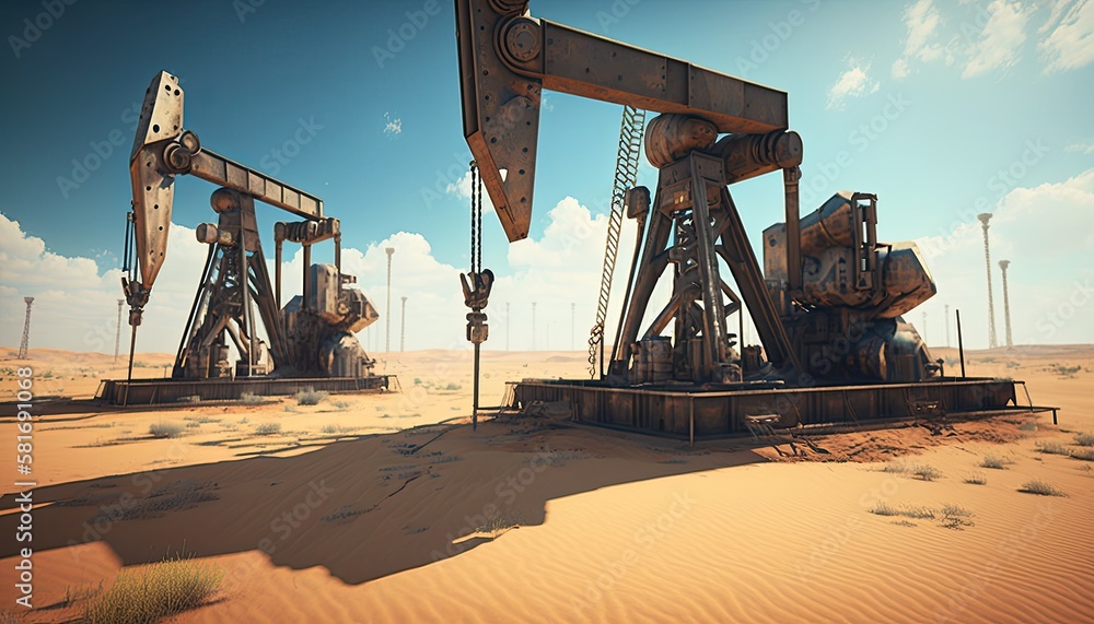 Oil pumpjack on oil well in sandy desert daylight sky, oil field rich ...