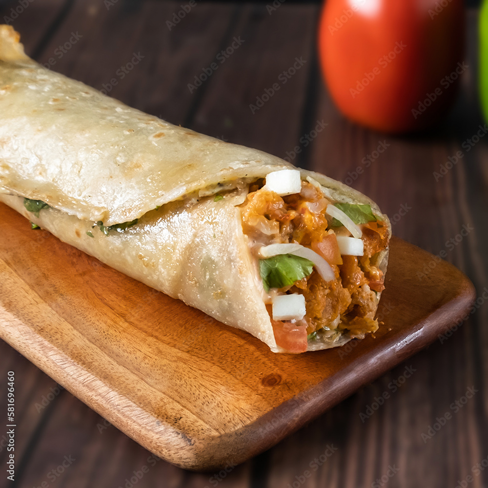 Peri Peri Wrap paratha roll served in wooden board side view of indian ...