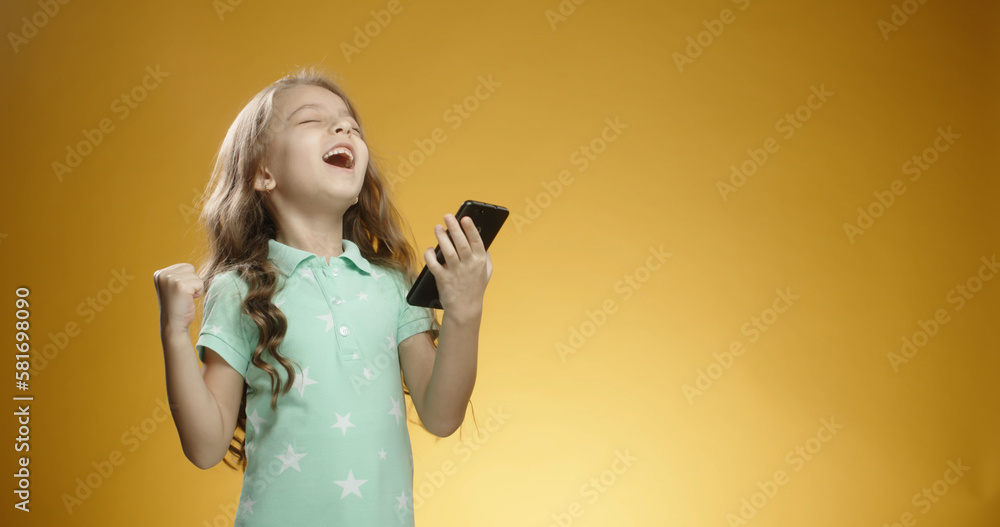 Cute emotional surprised girl. Portrait of happy excited kid girl ...