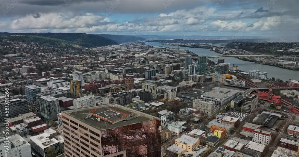 Portland Oregon Aerial v100 panoramic drone fly around the top of U.S ...