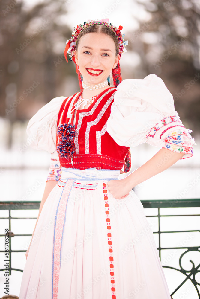 Beautiful woman wearing traditional Eastern Europe folk costumes ...