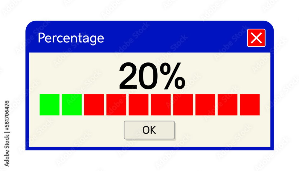 20 percentage text on the computer window alert popup. Retro pc ...