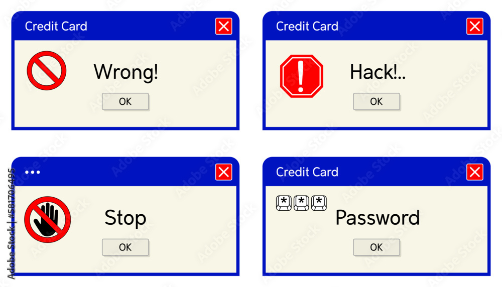 Wrong, Hack, Stop, Password text on the computer window alert popup. Retro pc interface, vintage ...
