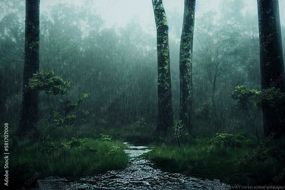 Very heavy rain falling during a storm in a forest in Osaka in Japan ...