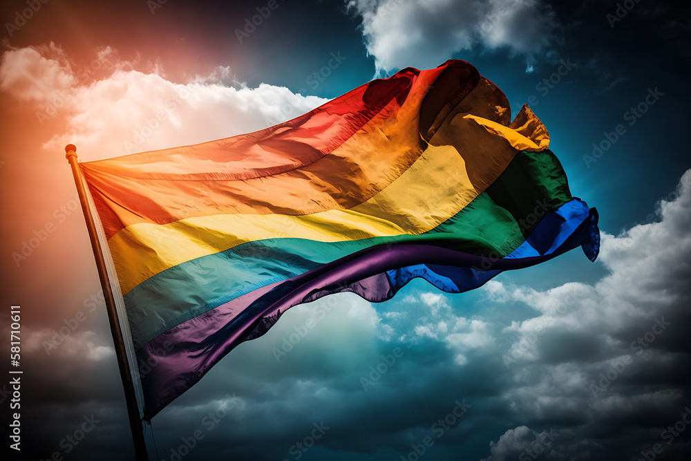 Generative ai, Progress LGBTQ flag waving in the wind at cloudy sky ...