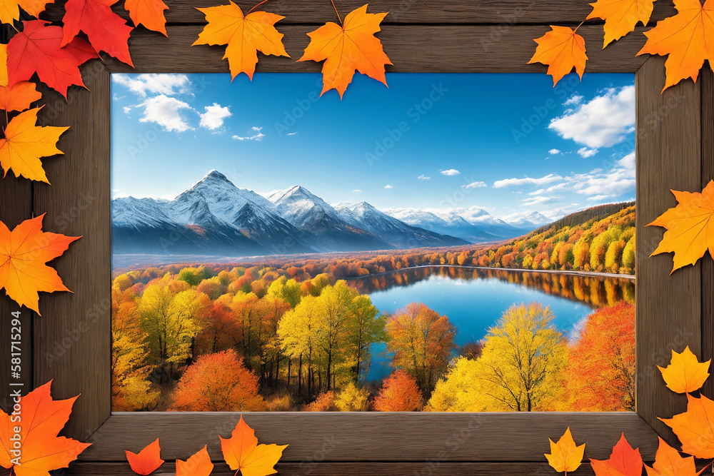 Beautiful autumn landscape in nature, trees, mountains, fields, lakes ...