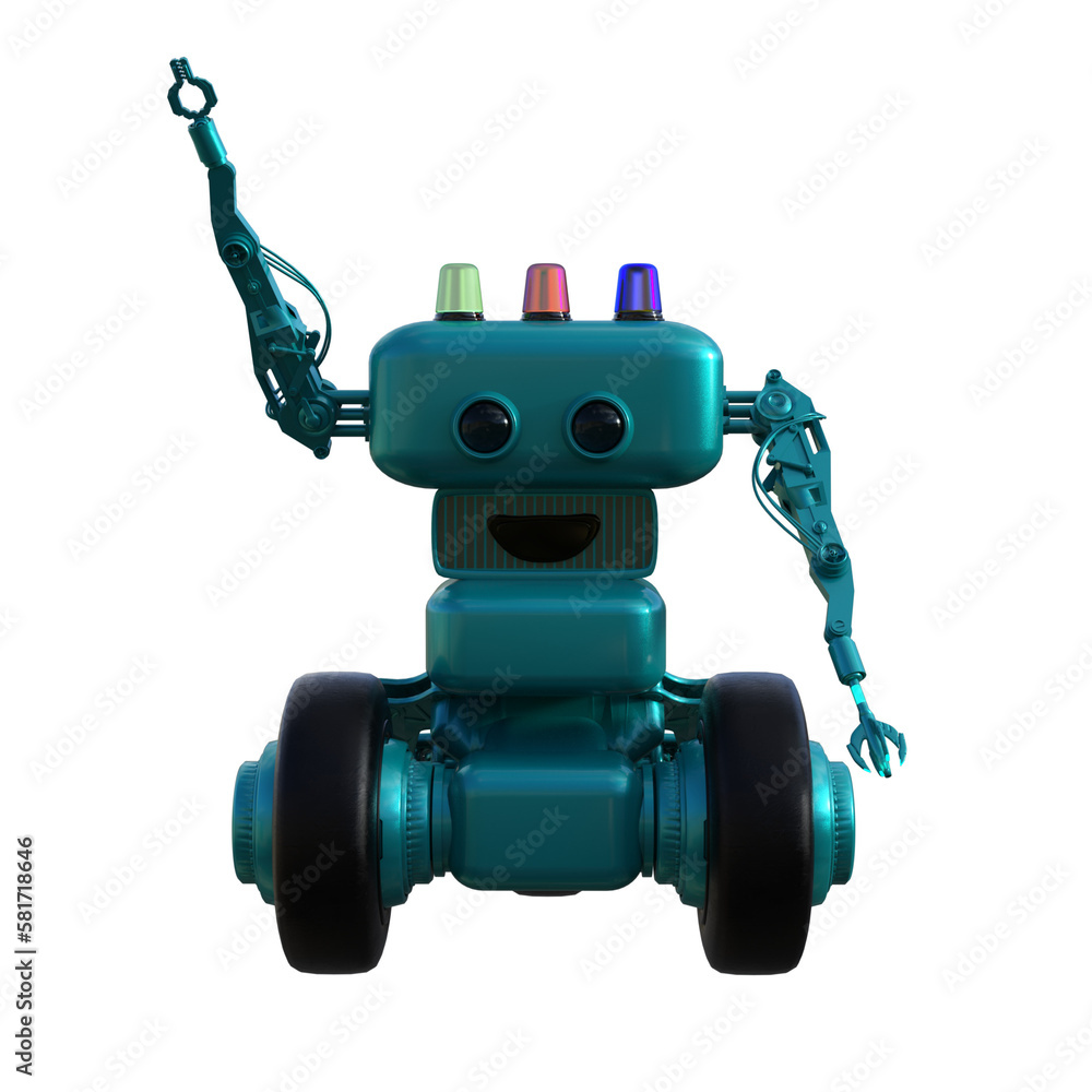 Happy turquoise robot on wheels with colorful lights on top of his head ...
