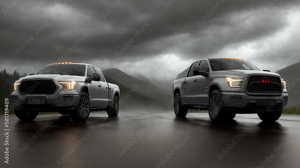 Two pickup trucks on the road. Dark dramatic landscape as background ...
