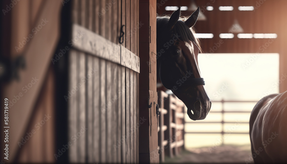 Illustration of horse stable interior. Indoor background with copy ...