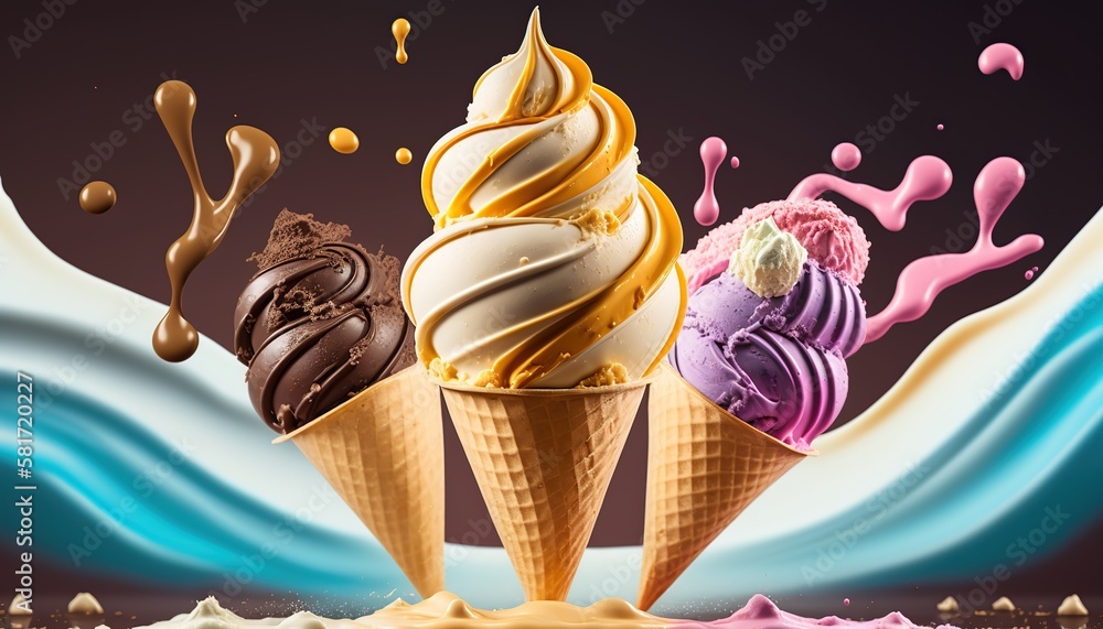 Advertising banner with different flavored ice cream cones on abstract ...
