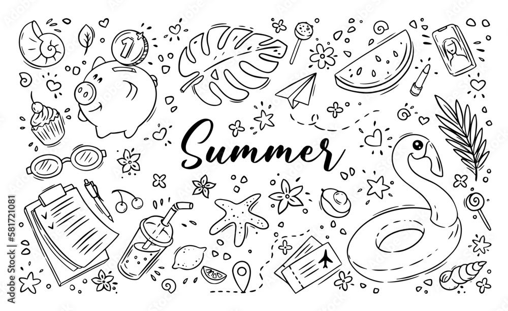 Vector doodle illustration Summer collection. Black and white symbols ...