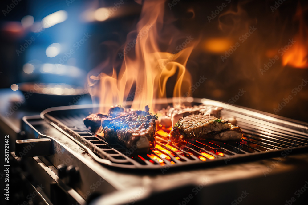 Preparing process of tasty juicy meat on grill fire, roasted grilled ...