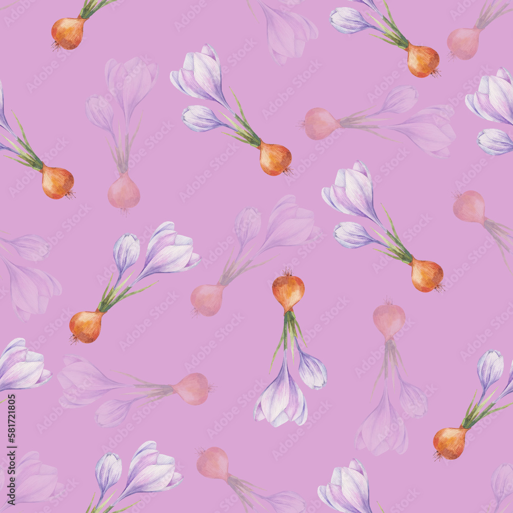 Crocus pattern. Saffron field. Seamless pattern with purple crocuses ...