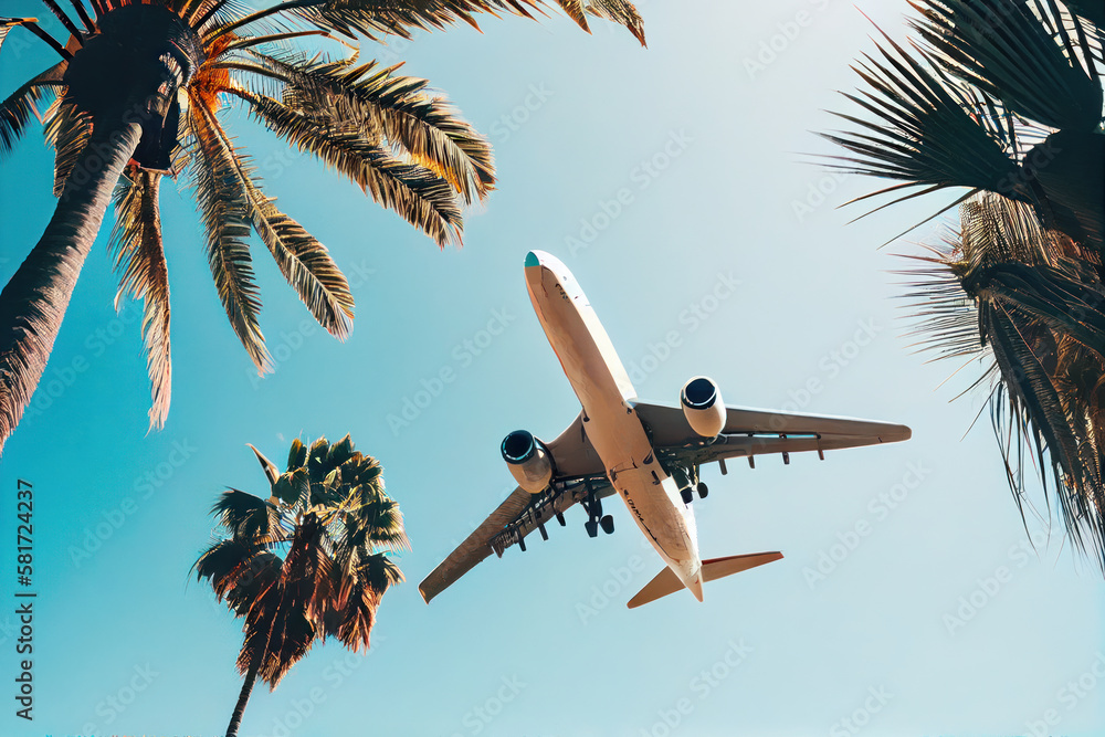 Passenger airplane flying above the tropical palm trees. Bottom view of ...