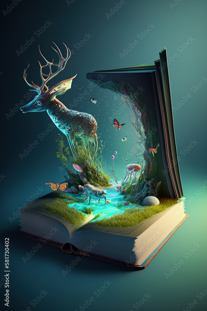 Flying Open book with splashing magic nature world with animals ...