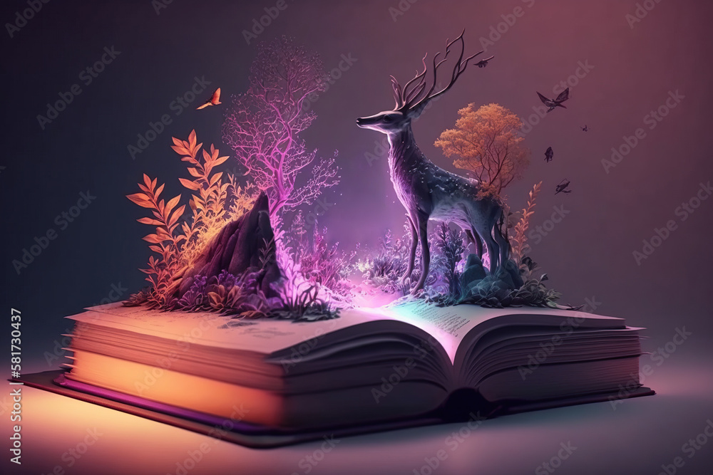 Flying Open book with splashing magic nature world with animals ...