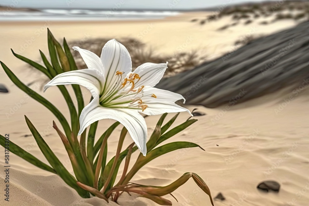 View of a sea daffodil or sand lily up close. White flowering wild ...