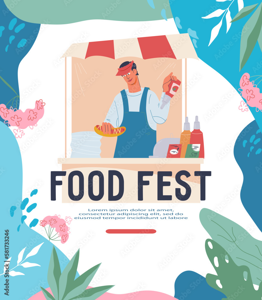Street food fest banner or poster template, flat vector illustration ...
