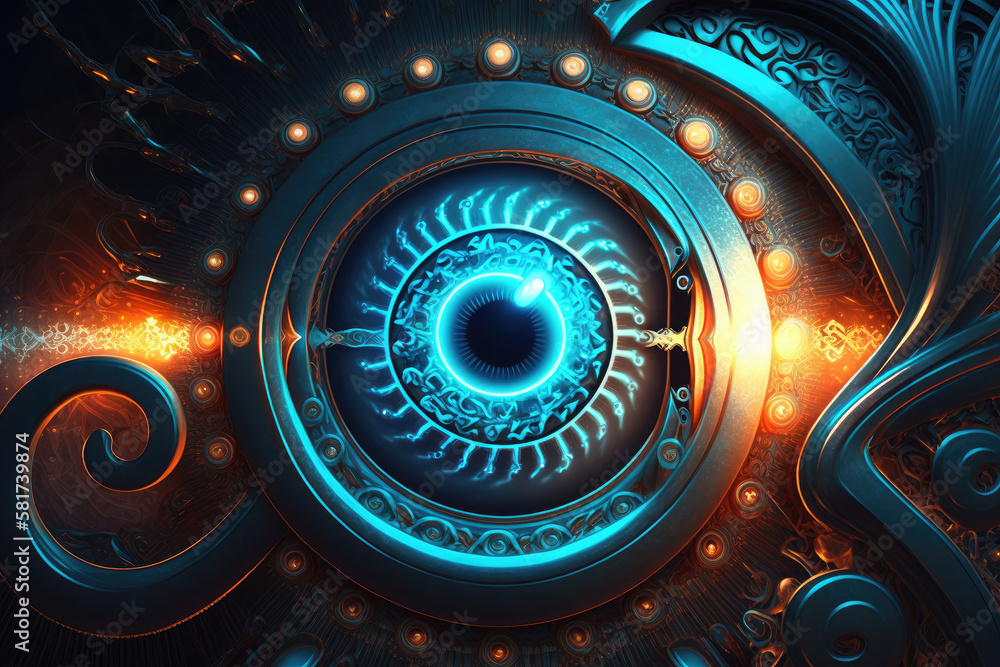 Cosmic trance and hypnosis concept of glowing details in digital neural ...