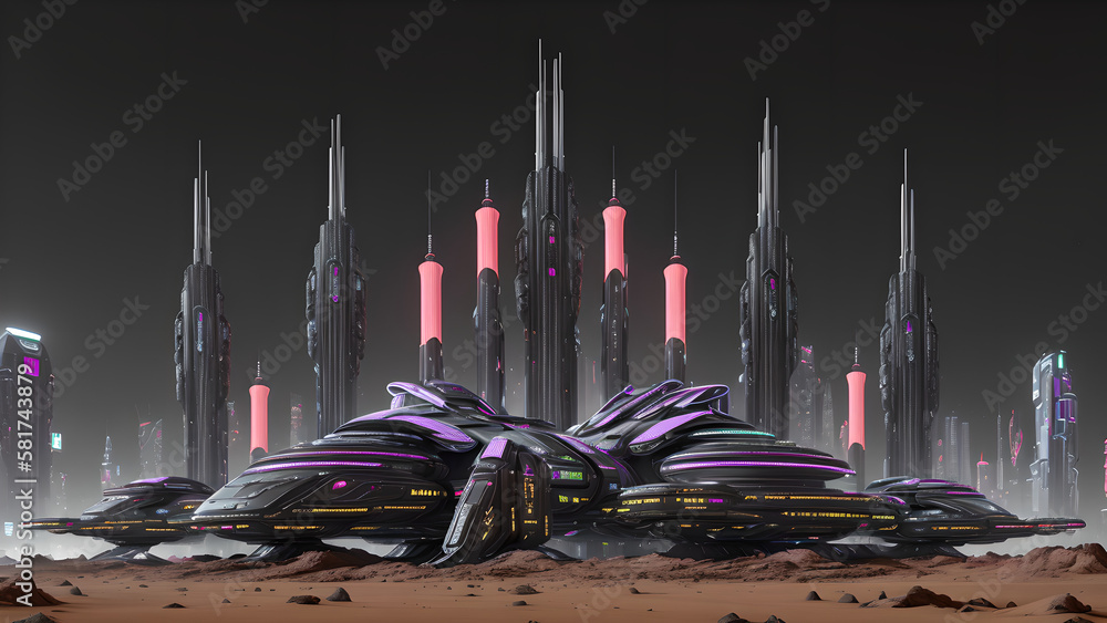 Illustration of cyberpunk city on planet Mars - Created with generative ...