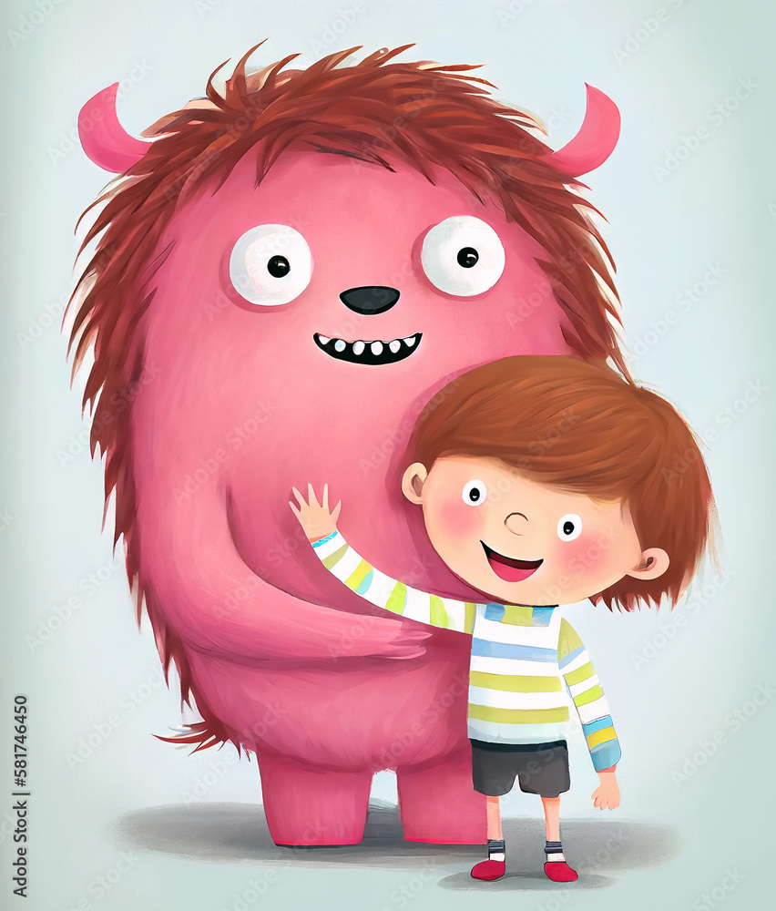 Cartoon little boy standing with his pink monster friend. Fantasy ...
