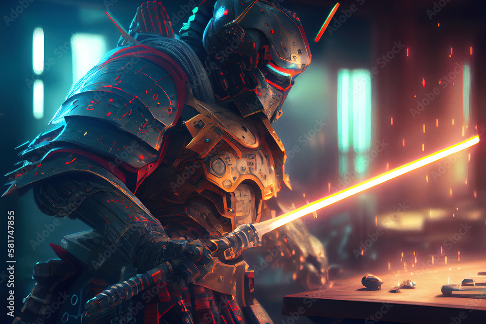 Robot samurai with huge shining katana in dynamic pose. Digitally ...