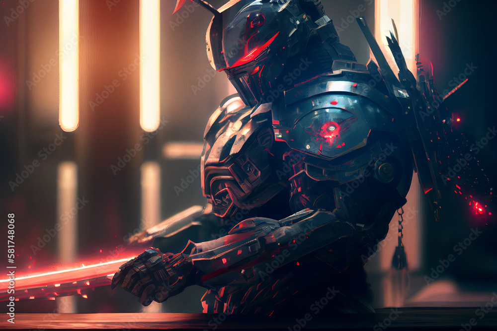 Robot samurai with huge shining katana in dynamic pose. Digitally ...