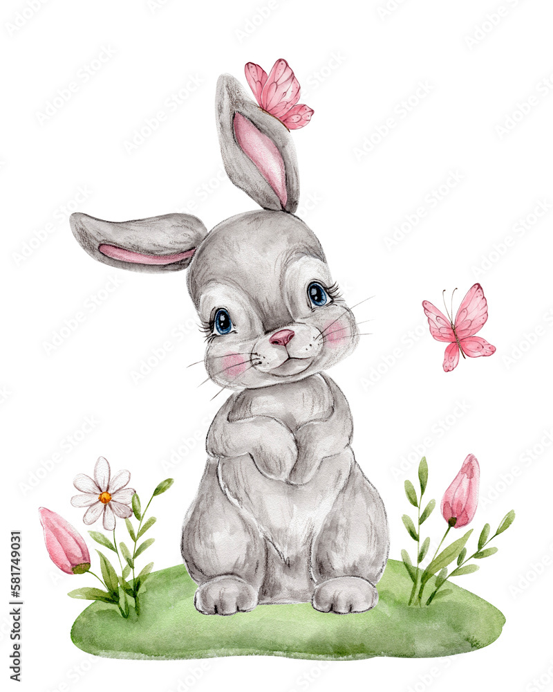 Cute bunny with butterfly; watercolor hand drawn illustration Stock ...