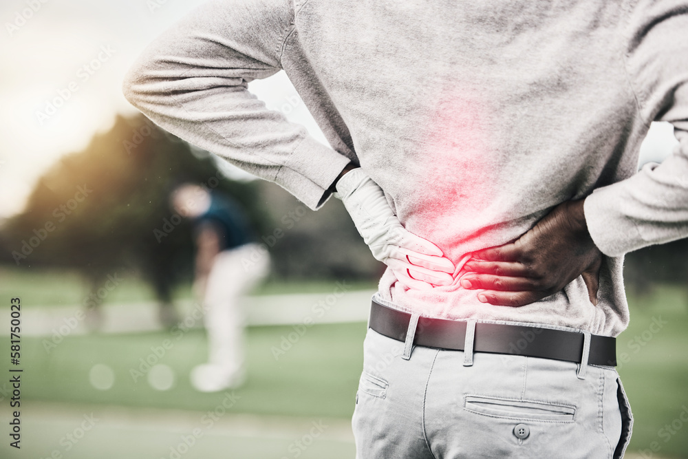 Sports, injury and golf, black man with back pain during game on course ...