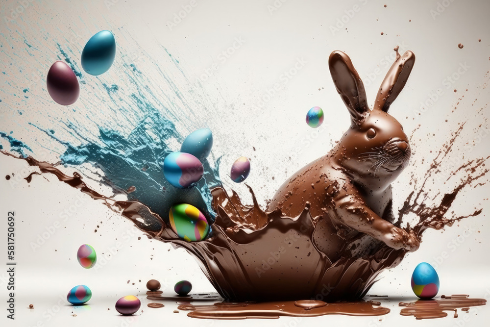 Easter bunny and easter eggs making a splash in chocolate. Generative ...