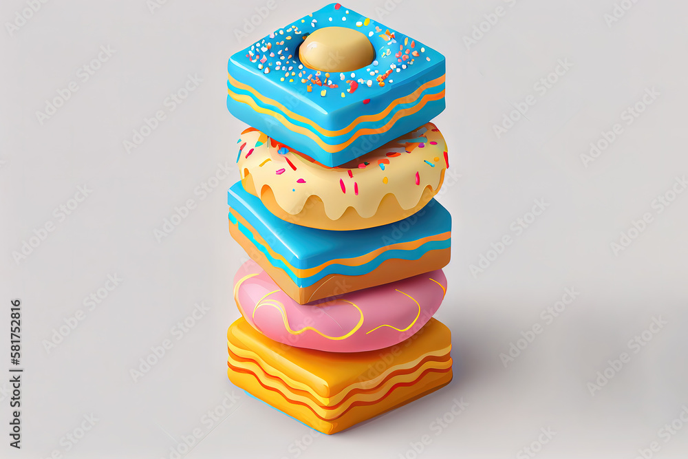 Cartoon flat hand drawn tower of dessert for sweet shop, Donut Day ...
