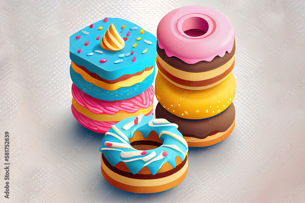 Cartoon flat hand drawn tower of dessert for sweet shop, Donut Day ...