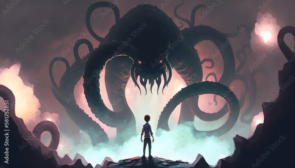 Dark fantasy scene showing a kid standing on a giant monster with ...