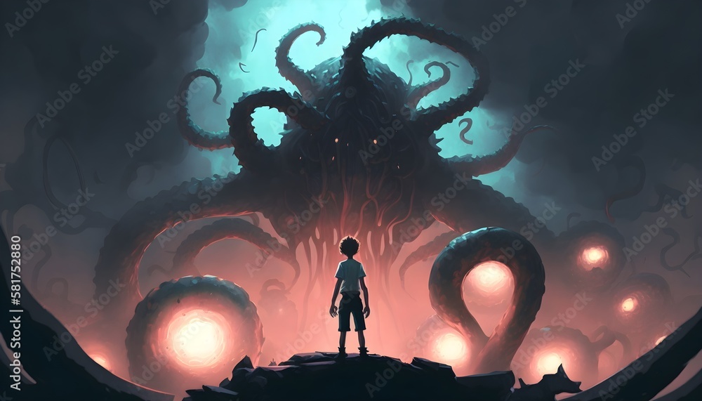 Dark fantasy scene showing a kid standing on a giant monster with ...