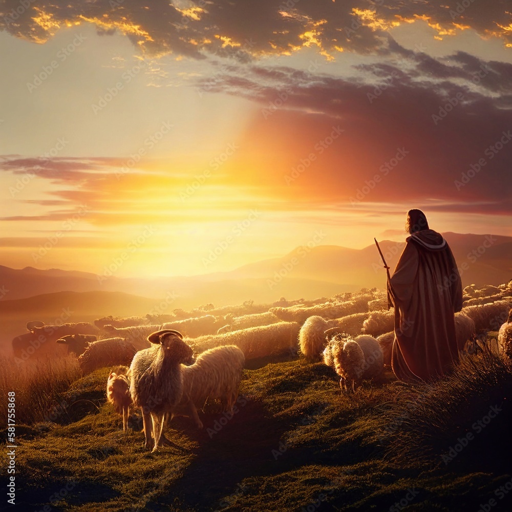 Biblical illustration of Jesus as a shepherd., Generative AI Stock ...