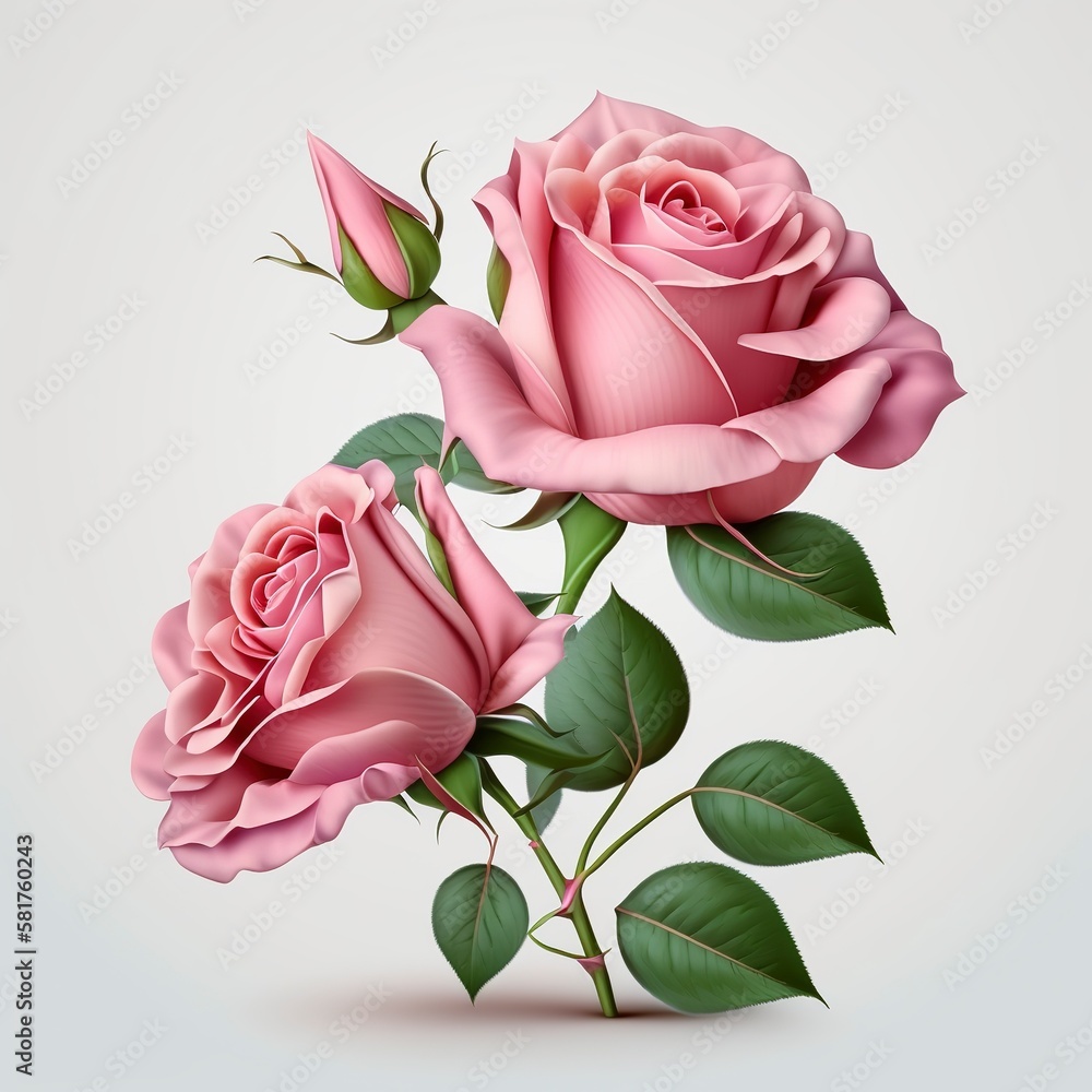 Two gorgeous pink rose flowers in full bloom and buds isolated over a ...